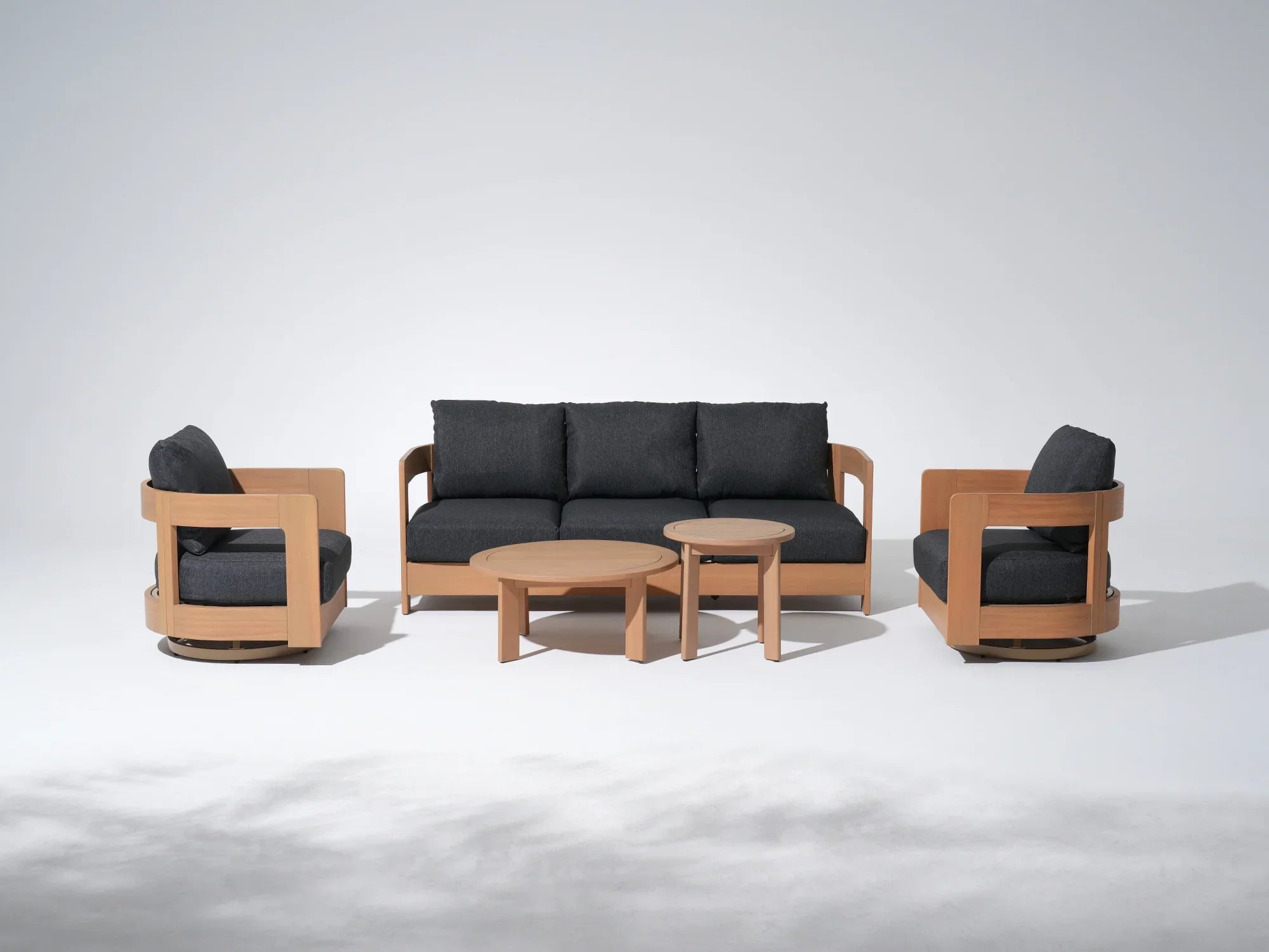 Sova Wood Outdoor Sofa Set with Swivel Chairs & Two Tables,Eucalyptus