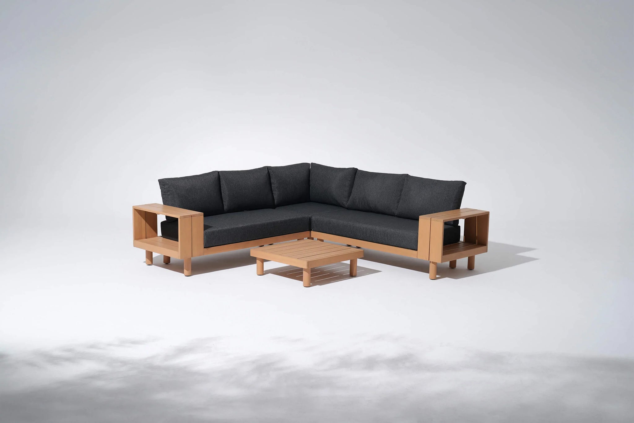 Kiri Outdoor Wooden L-Shaped Sectional Sofa Set with Storage Side Tabl