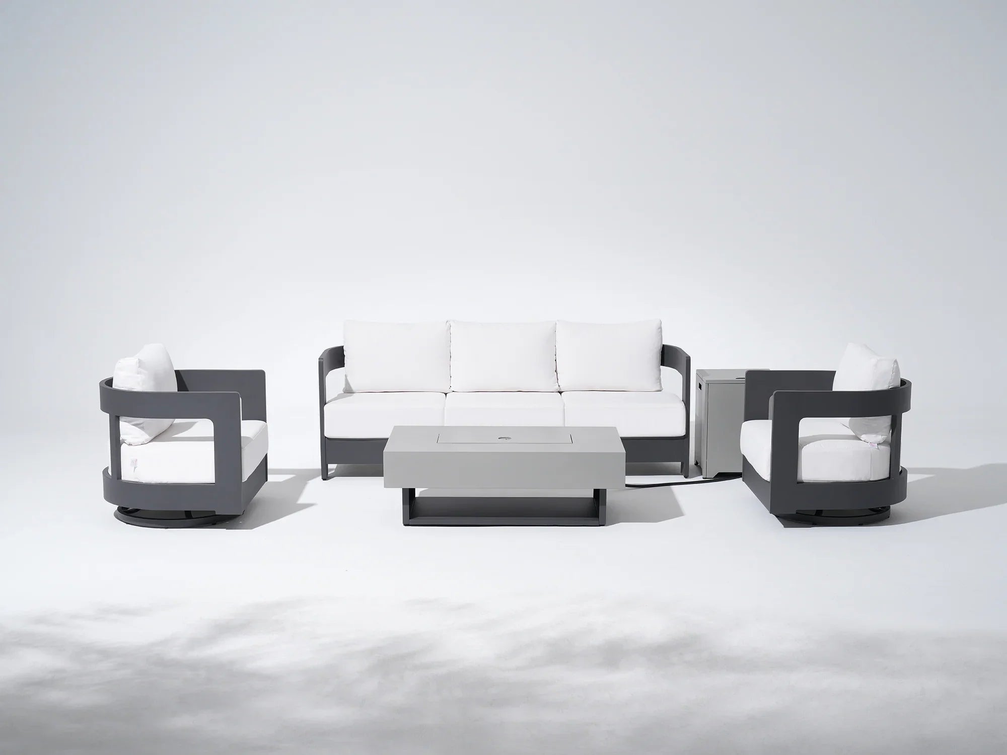 Sova Modern Aluminum Outdoor Sofa Set with Fire Pit, Swivel Chairs, Bl
