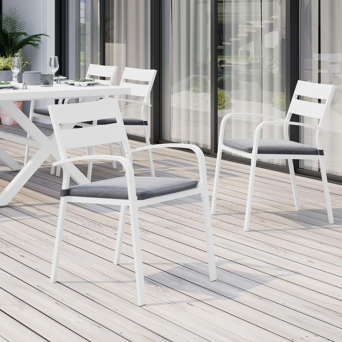 Stackable Aluminum Patio Chairs Set of 4, White & Grey | Jardina